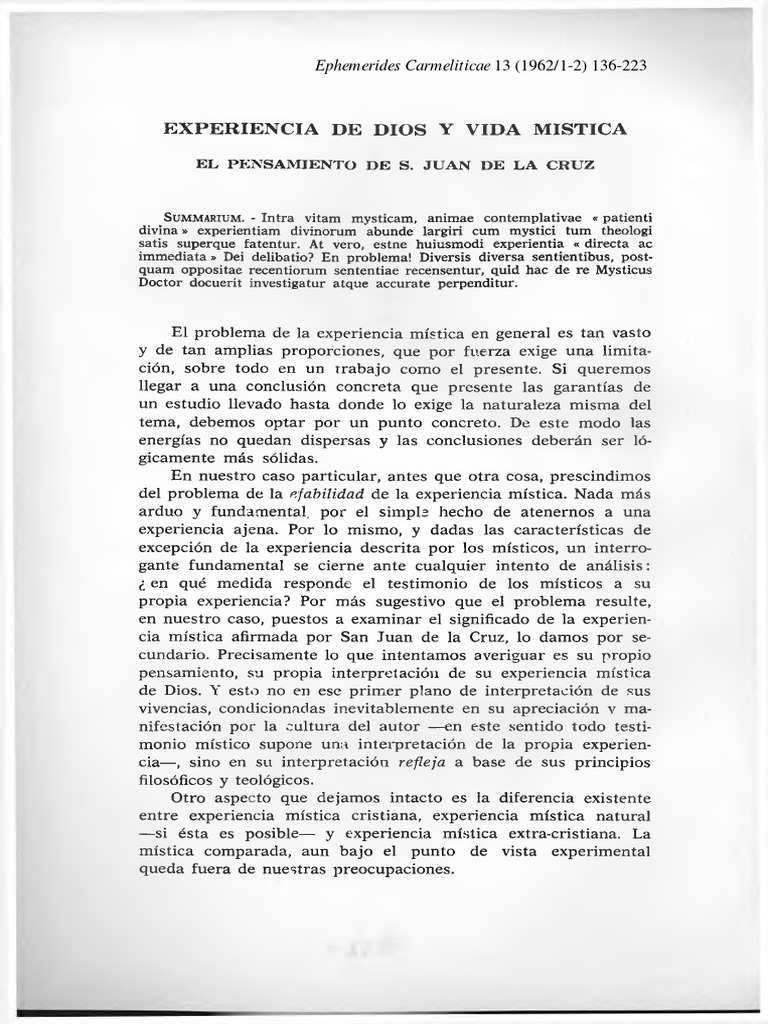 Experiencia de Dios Y Vida Mistica: El Pensamiento de S. Juan de La ...
