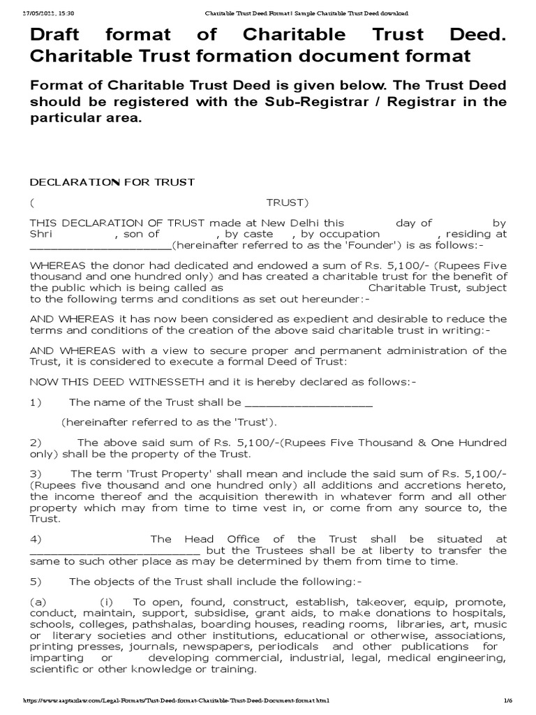 Charitable Trust Deed Format Guide | PDF | Trust Law | Trustee