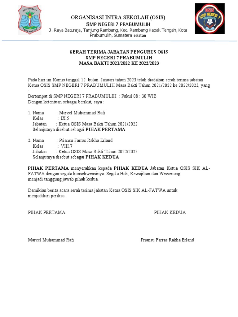Draft Berita Acara Serah Terima Jabatan Ketua OSIS SIK | PDF