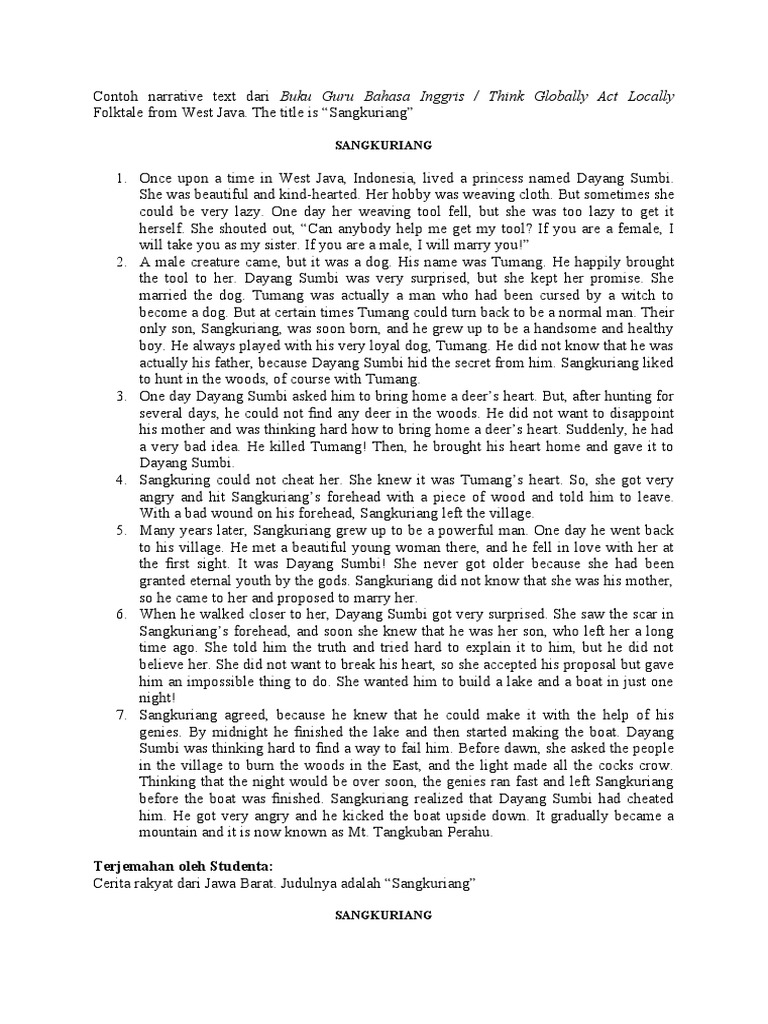 SANGKURIANG Contoh Narrative Text Dari Buku Guru Bahasa Inggris | PDF | Legends | Cultural ...