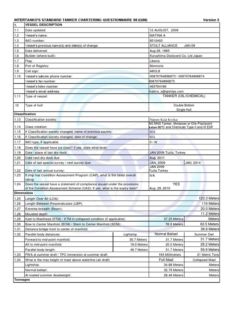 Tanker Chartering Questionnaire 88 | PDF | Tonnage | Watercraft