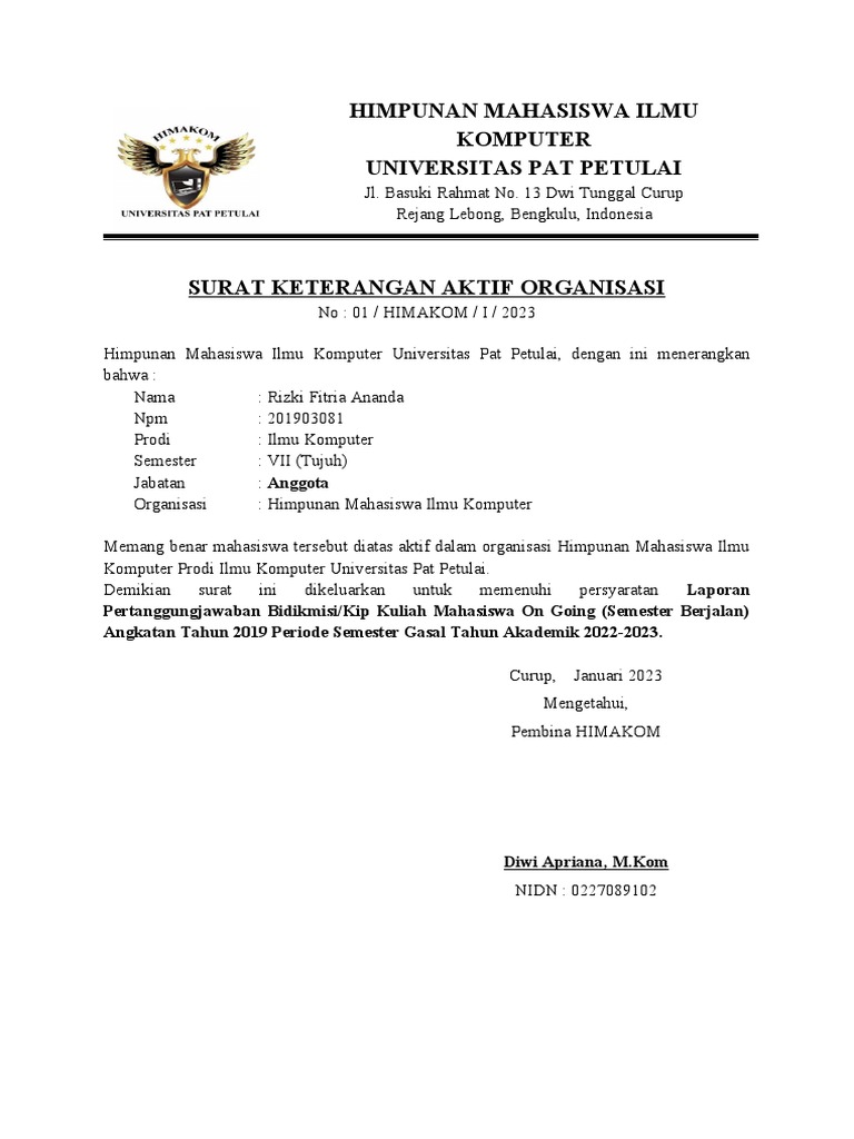 Surat Keterangan Aktif Organisasi | PDF