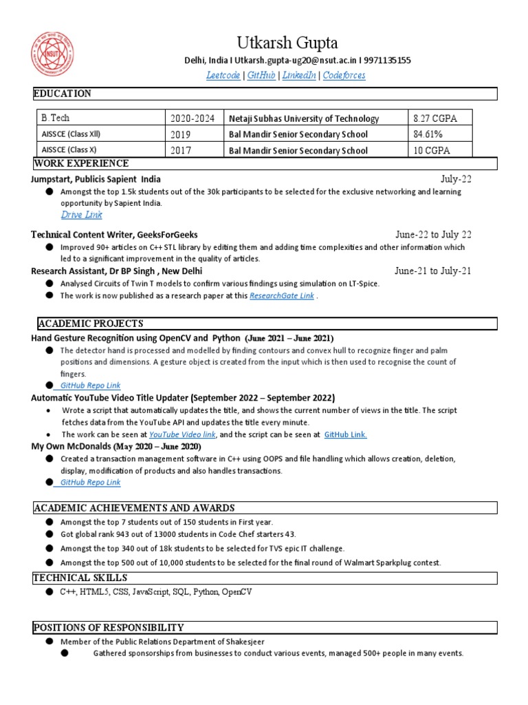 Utkarsh Gupta Resume | PDF | Computing | Information Technology Management