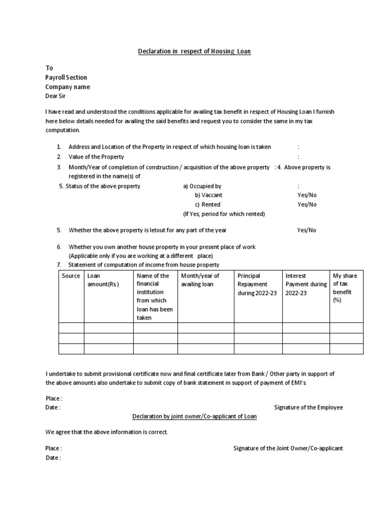 Housing Loan Tax Benefit Declaration Form | PDF | Loans | Payroll Tax