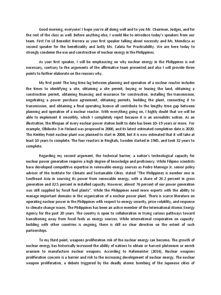 1st Negative Speaker Constructive Speech by Herrera | PDF | Nuclear Power | Nuclear Proliferation