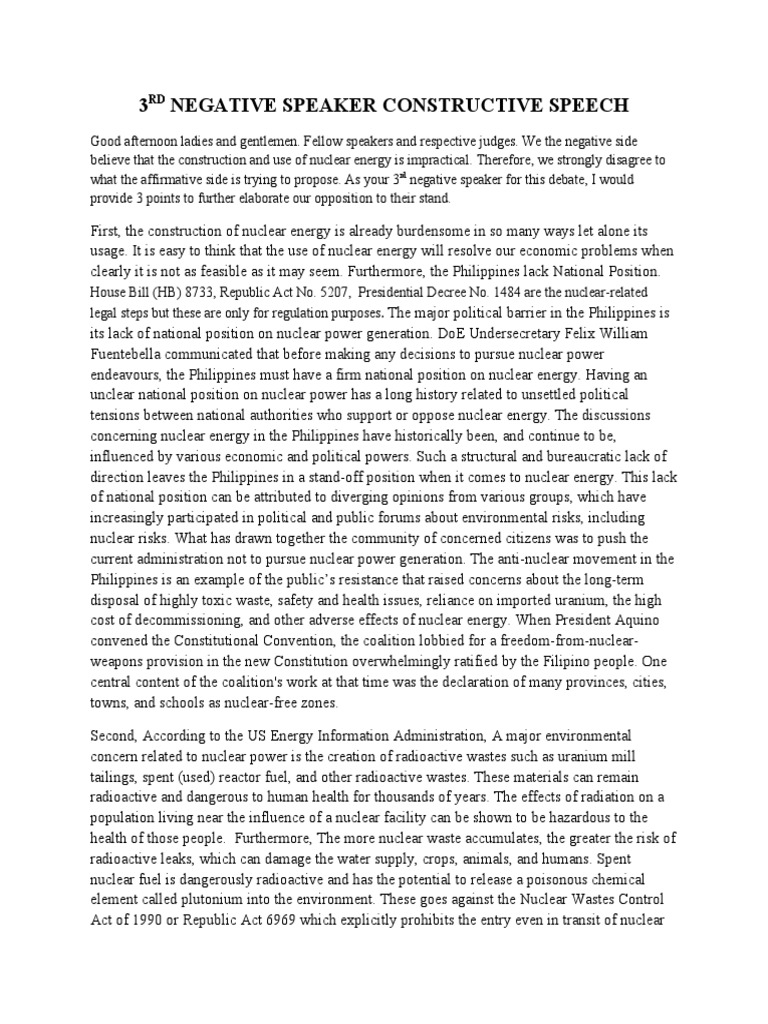 3RD Negative Speaker Constructive Speech | PDF | Radioactive Waste | Nuclear Power