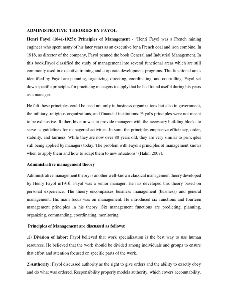 Fayol's Administrative Management Theory | PDF | Cost Of Living ...