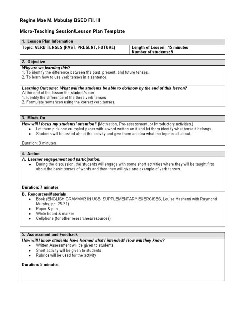 Verb Tenses Micro-Teaching Plan | PDF | Lesson Plan | Behavior Modification