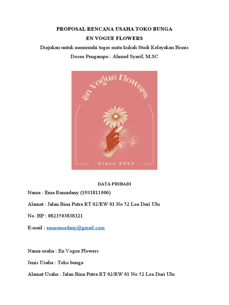 Proposal Rencana Usaha Toko Bunga en Vogue Flowers | PDF | Karier & Perkembangan