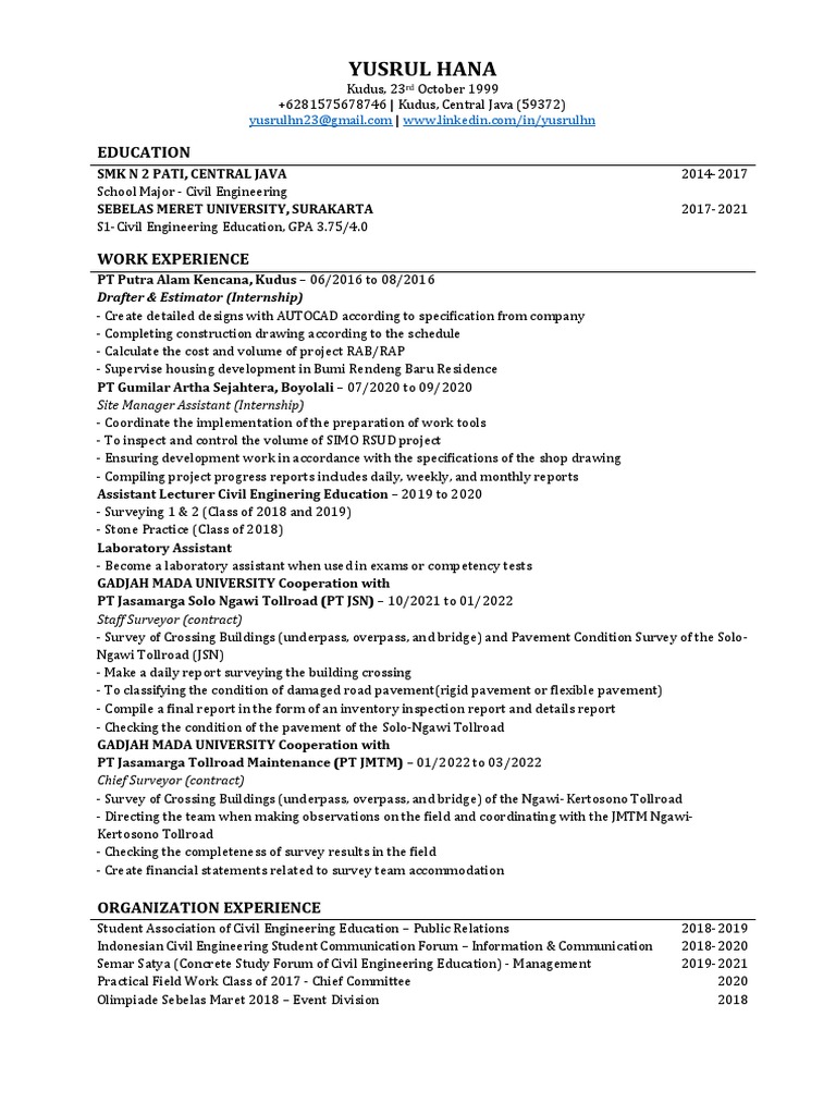 CV of Yusrul Hana | PDF | Surveying | Engineering