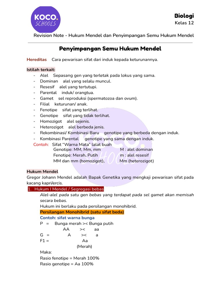 Revision Note - Biologi Kelas 12 - Hukum Mendel Dan Penyimpangan Semu ...
