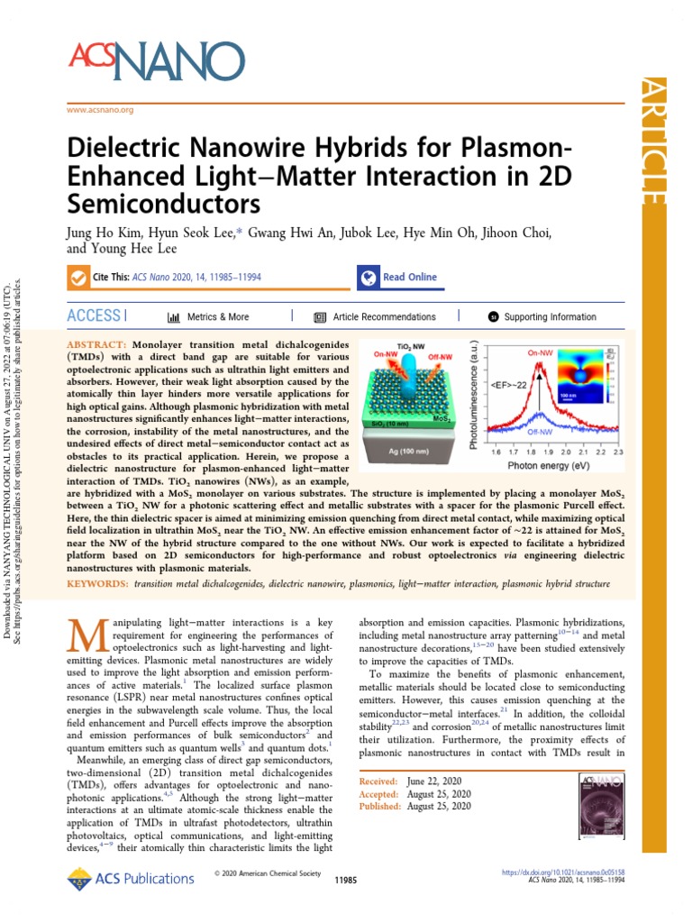Dielectric Nanowire Hybrids For Plasmon-Enhanced Light-Matter Interaction in 2D Semiconductors ...