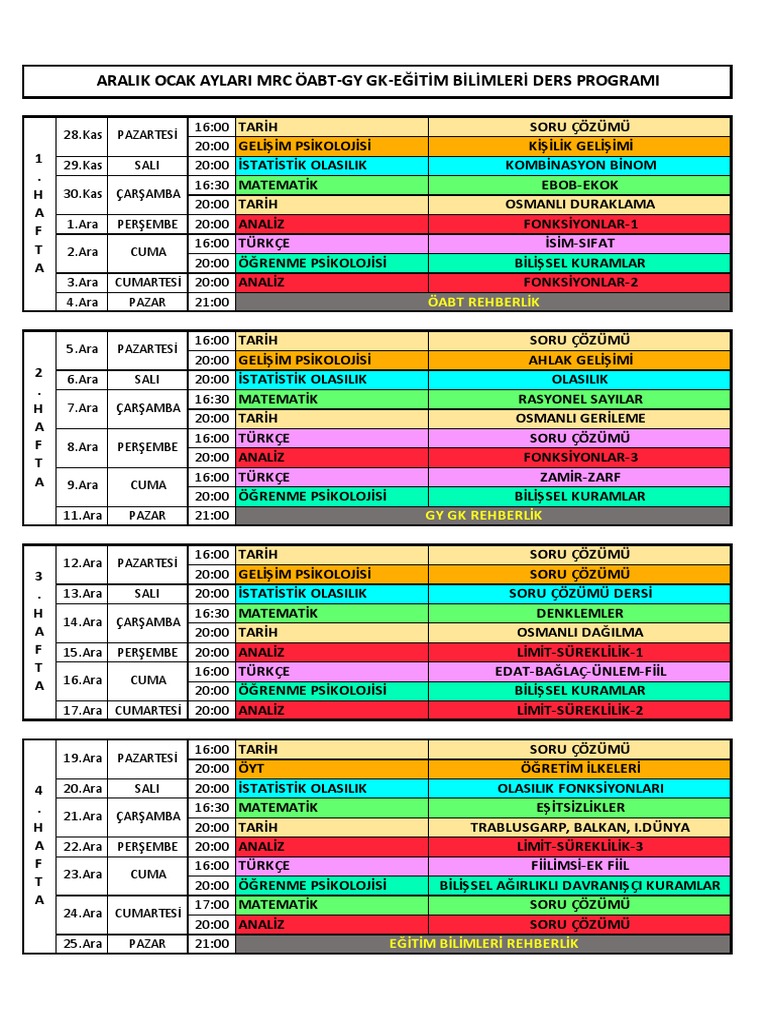 Aralik Ocak Ders Programi Tüm Dersler | PDF