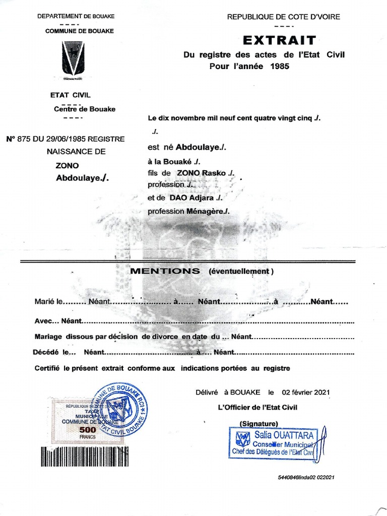 Extrait Naissance - 1 | PDF