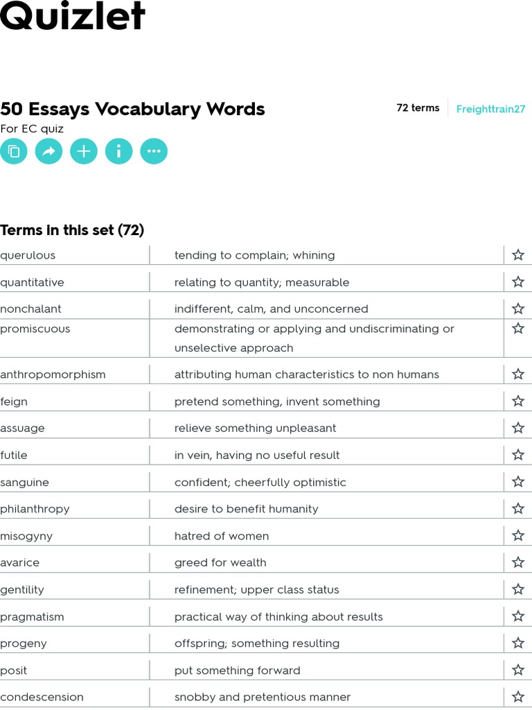 50 Essays Vocabulary Words Flashcards Quizlet | PDF | Cognitive Science ...