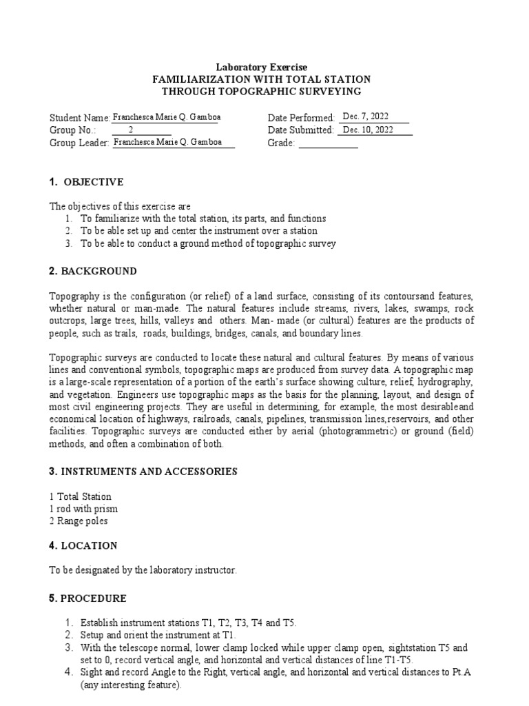 GAMBOA - Fieldwork 4 Lab Report | PDF | Topography | Surveying