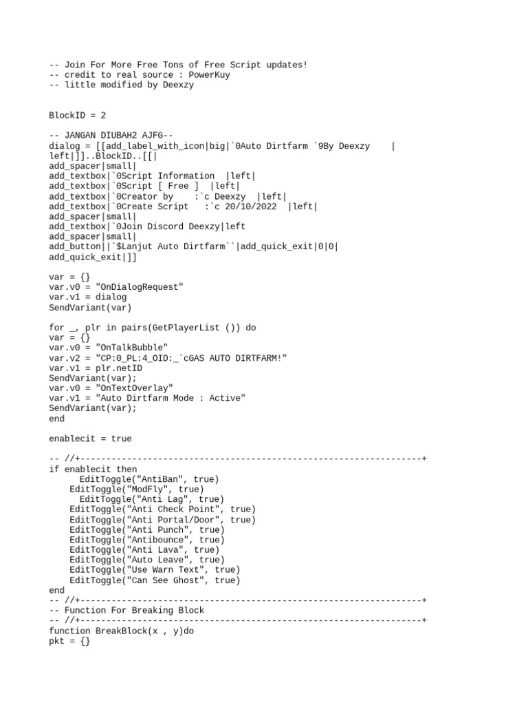 Auto Dirtfarm Deexzy - Lua | PDF | Computing | Software Engineering