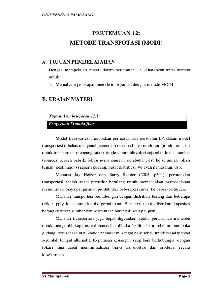 Pertemuan Ke-12 - Metode Transportasi (Modi) | PDF