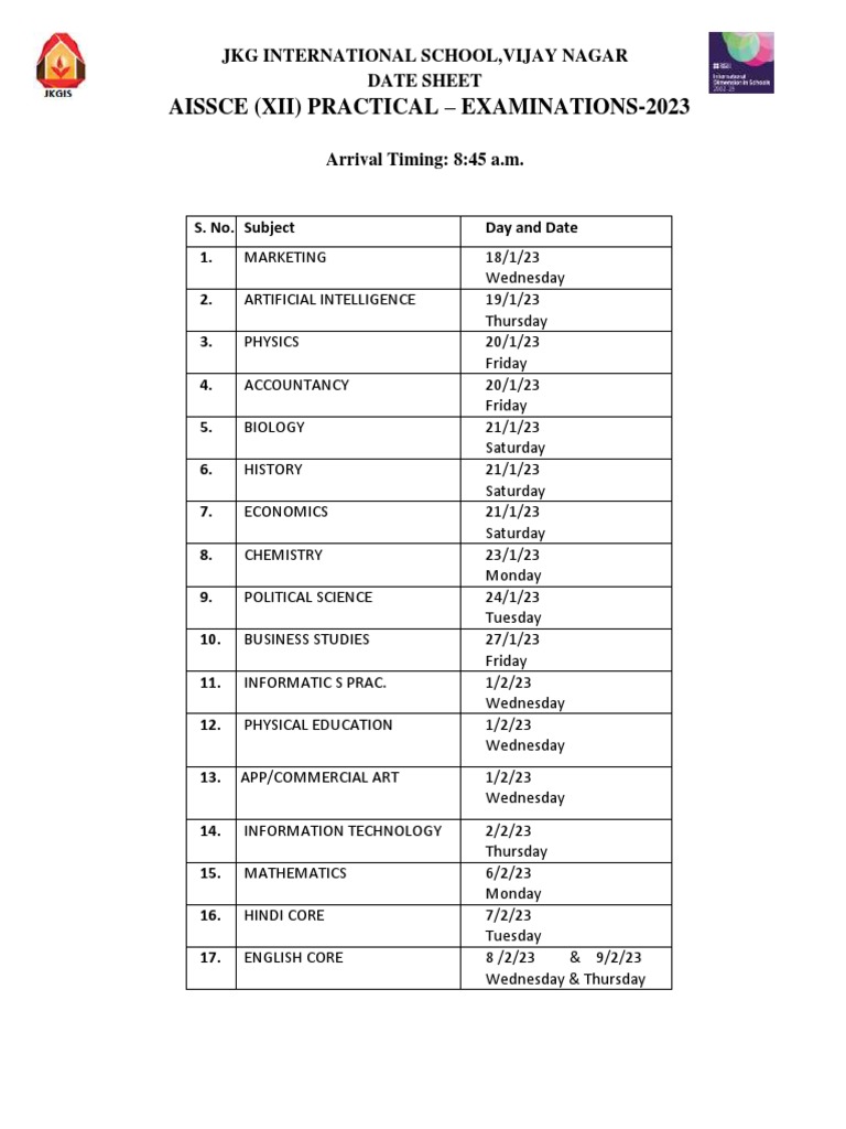 AISSCE Board Practical Date Sheet 2023 | PDF