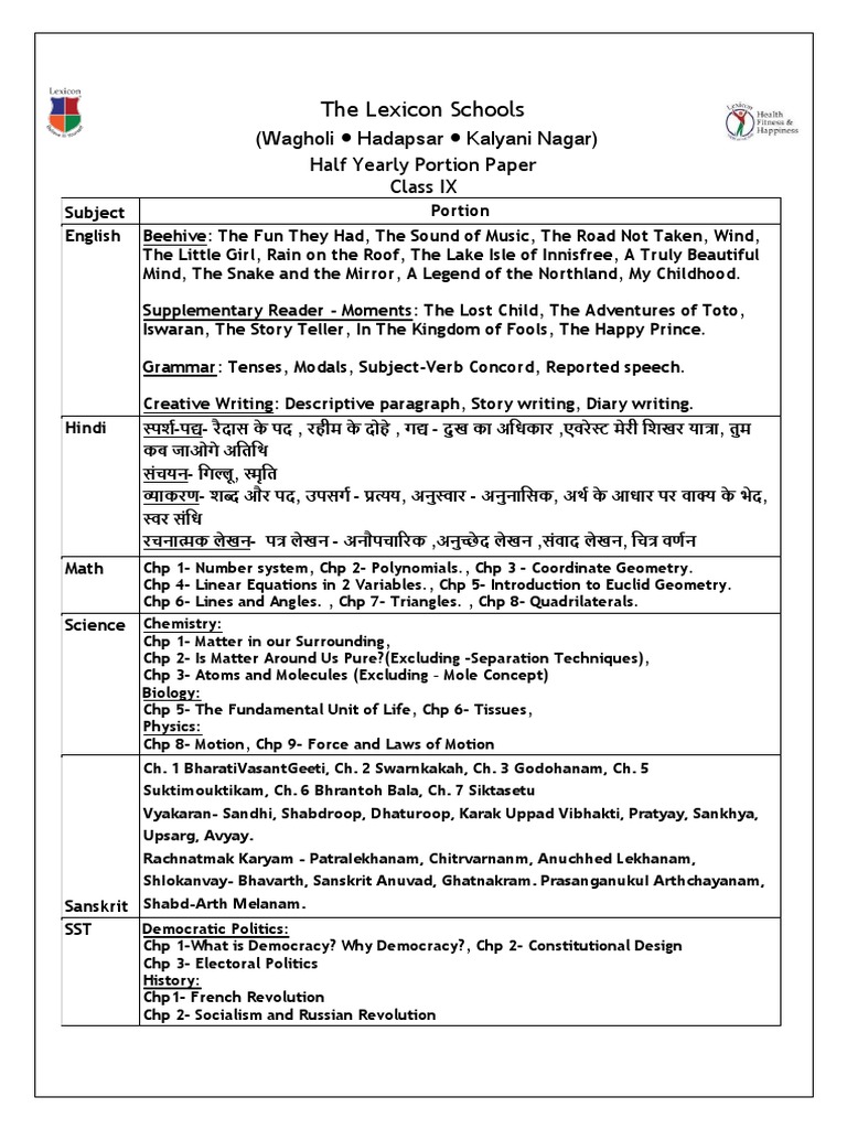 TLS - Cl-IX - HY Portion Paper 2022-23 | PDF