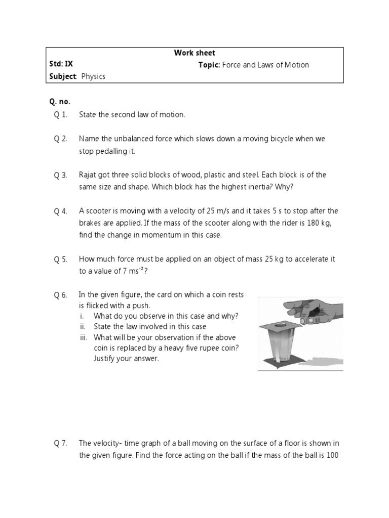 Force and Motion: Class IX Physics Worksheet | PDF