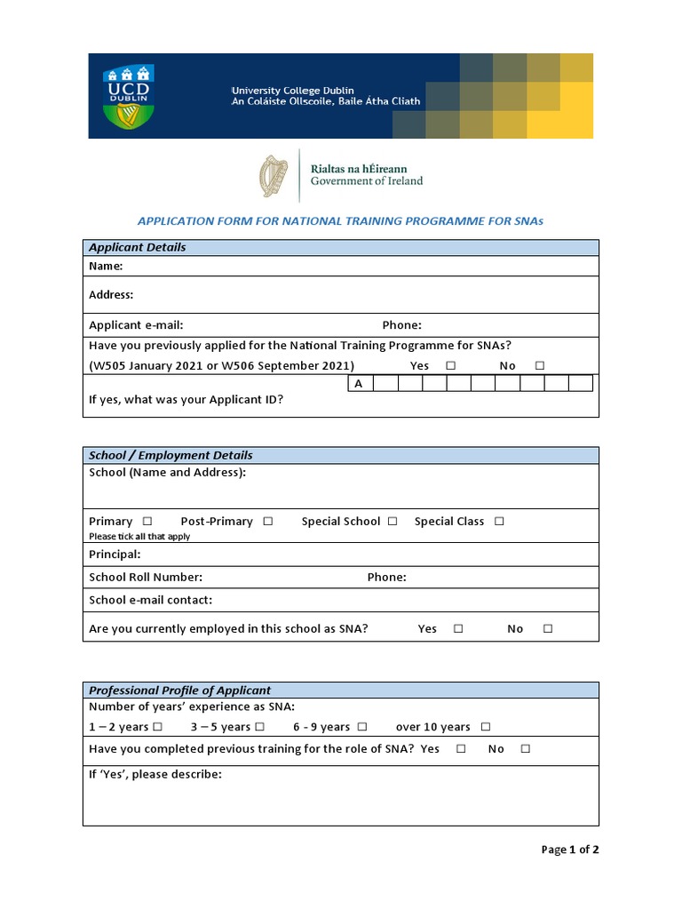 W506 - National SNA Programme - Application Form - September 2022 | PDF