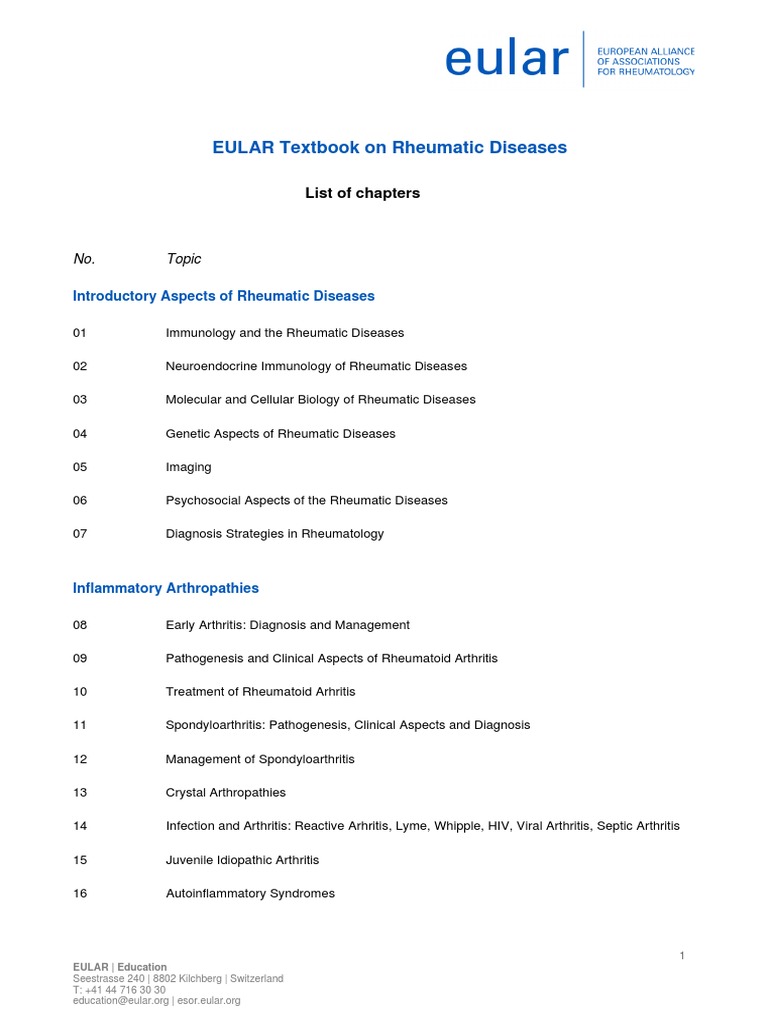 List of Chapters - EULAR Textbook On Rheumatic Diseases | PDF | Rheumatology | Arthritis