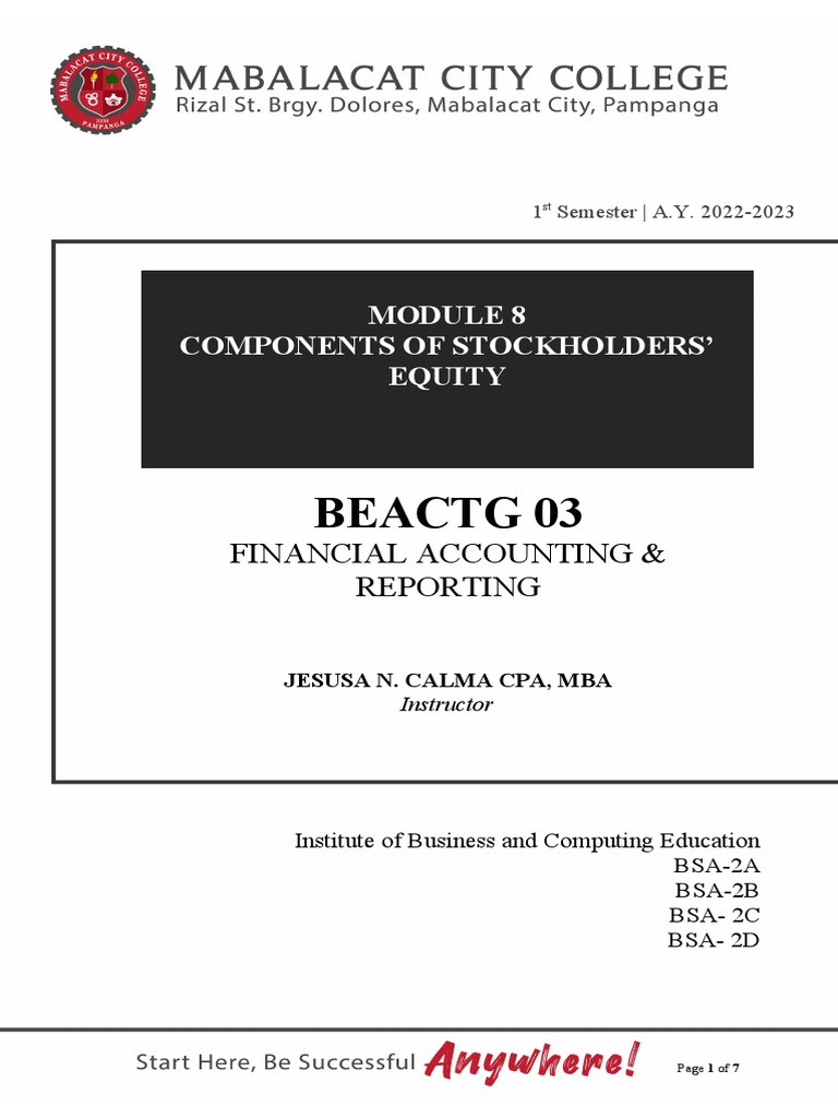 BEACTG 03 REVISED MODULE 8 Components of Stockholder's Equity of ...