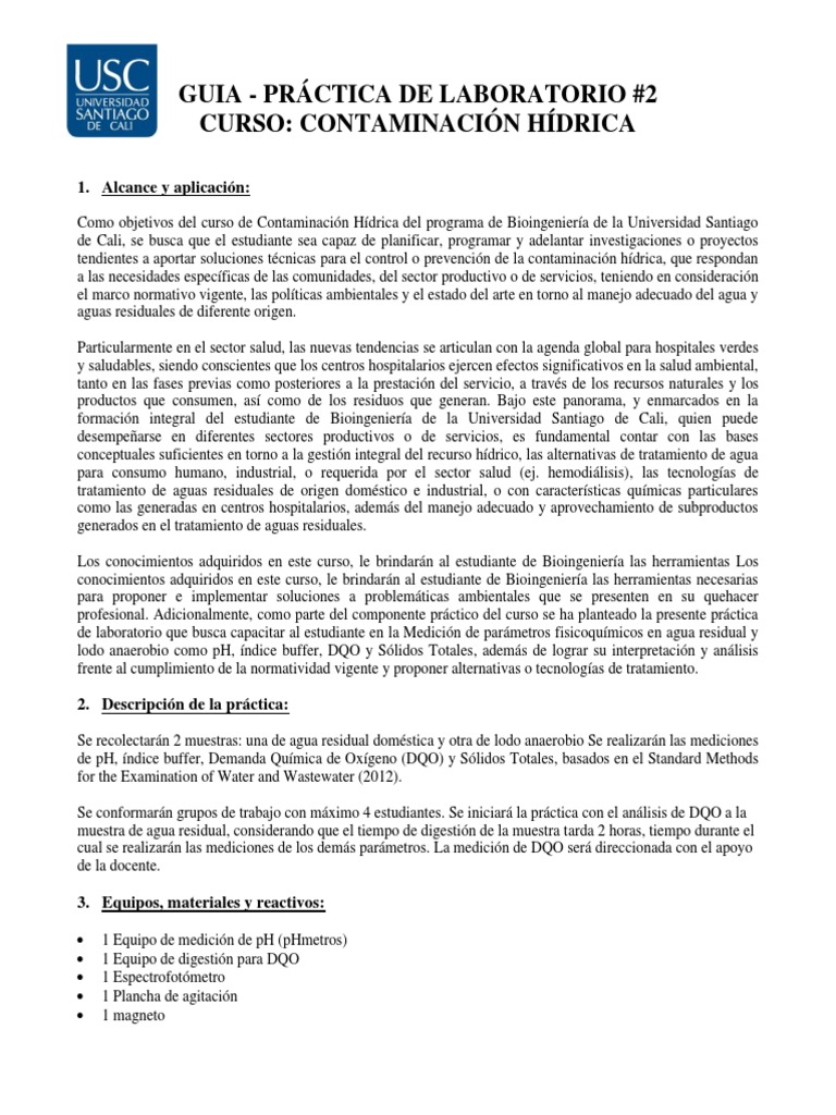 GUIA PRÃ_CTICA DE LABORATORIO #2 CONTAMINACIÃ_N HIDRICA | PDF | Hospital | Química