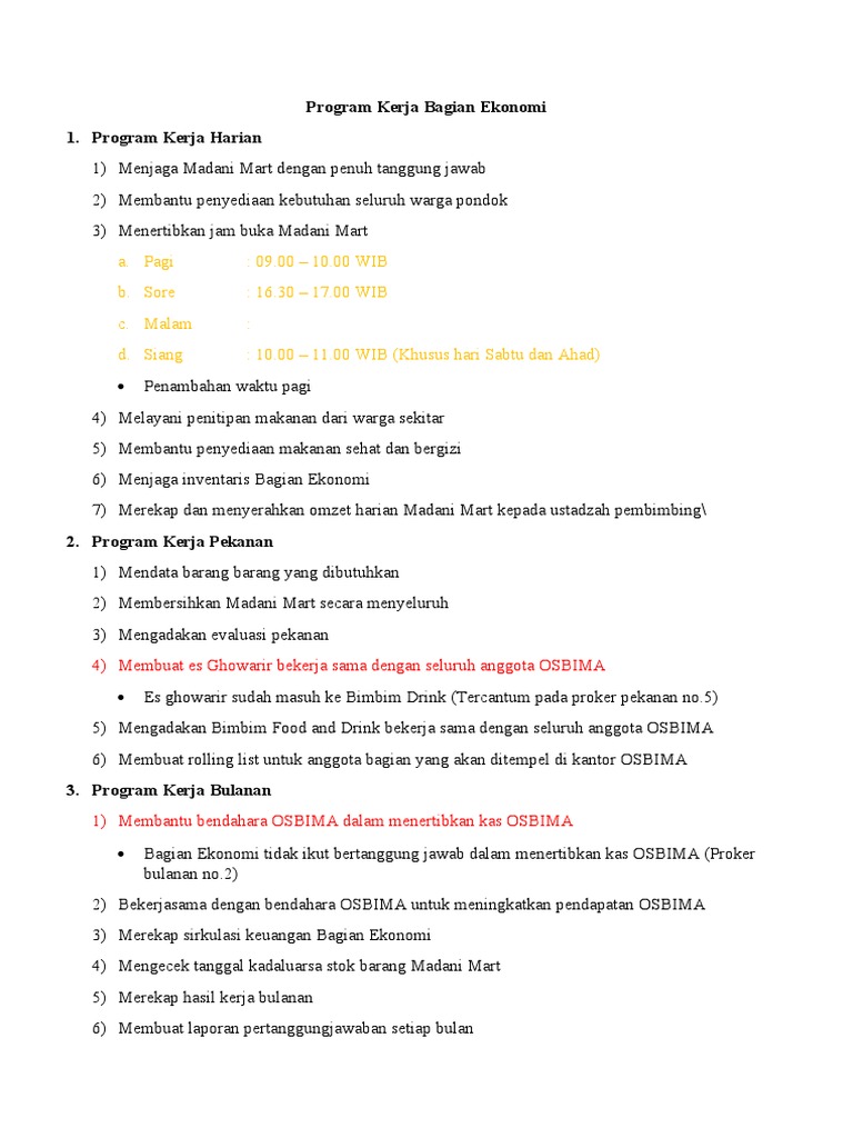 Program Kerja Bagian Ekonomi Madani Mart | PDF | Memasak, Makanan ...