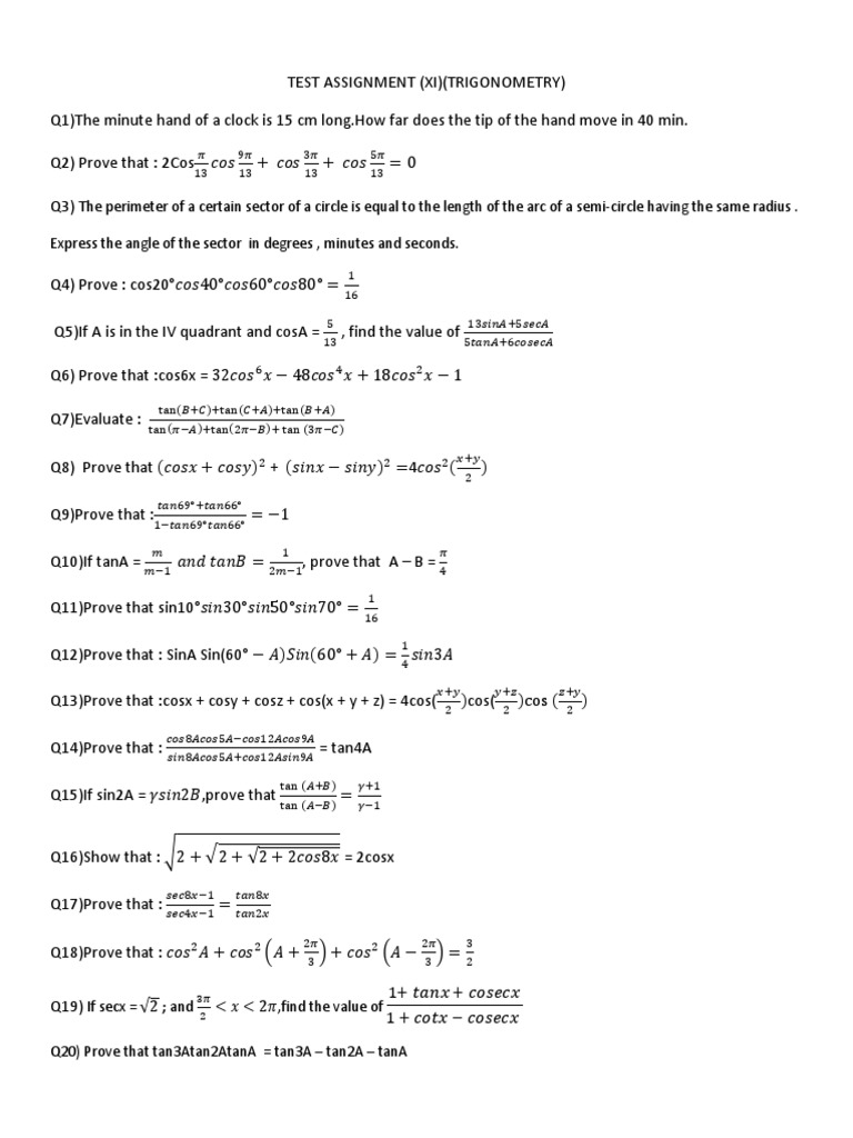Trigonometry Test Assignment XI | PDF