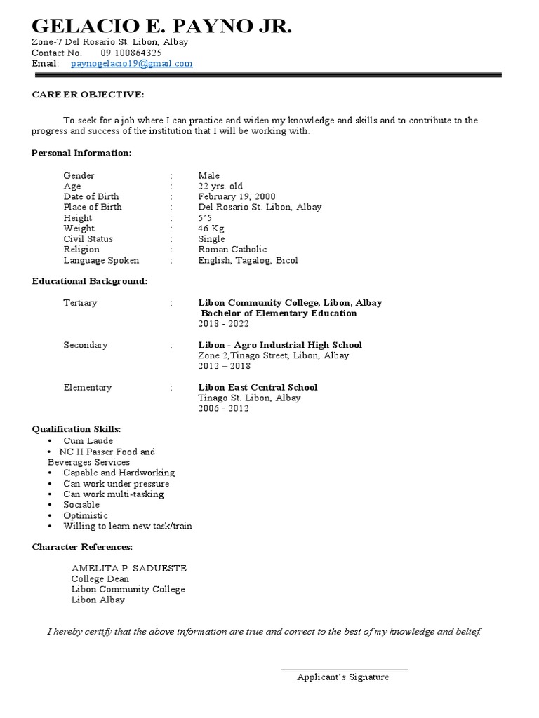 Job Application of Gelacio E. Payno Jr. Seeking Employment with ...