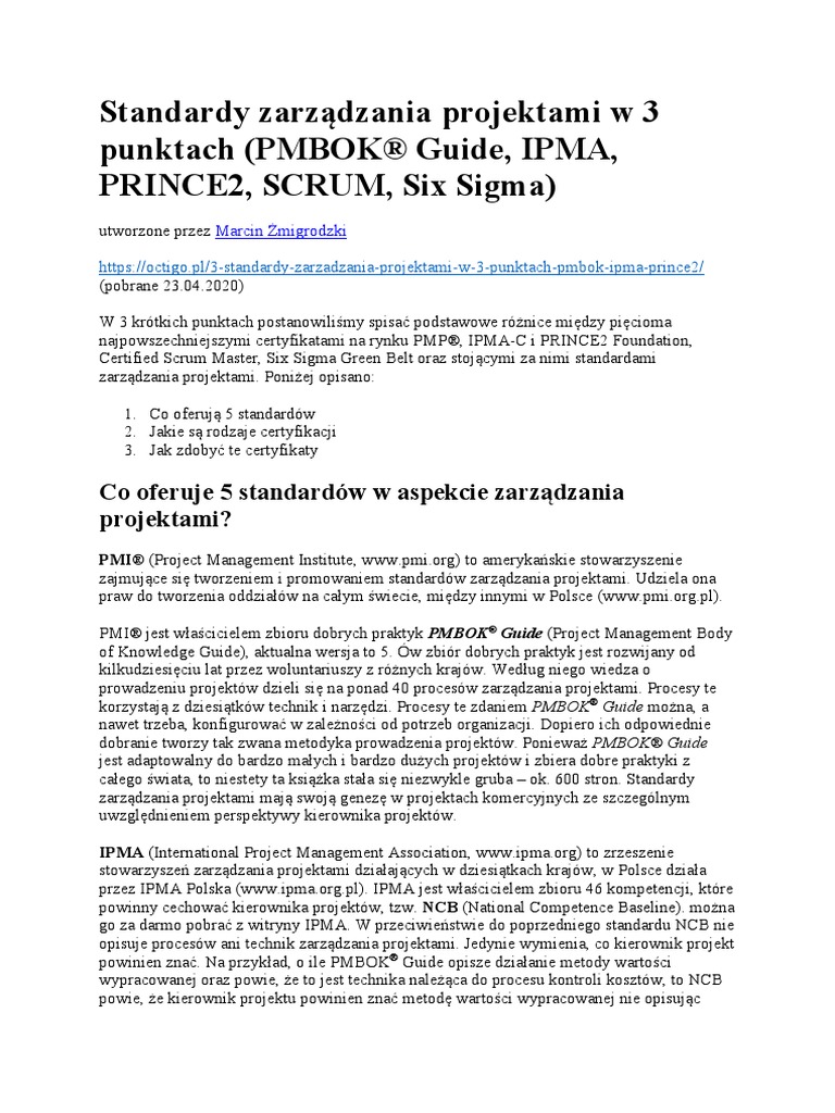 5 Standardów Zarządzania Projektami 2020 | PDF