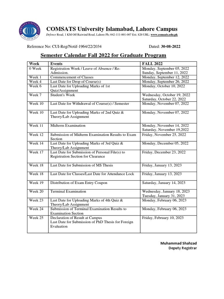 COMSATS Lahore Fall 2022 Calendar | PDF | Academic Term | Academia