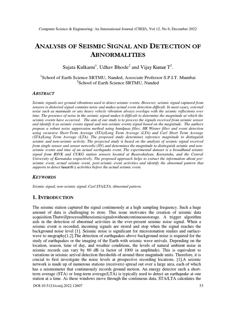 Analysis Of Seismic Signal And Detection Of Abnormalities Pdf