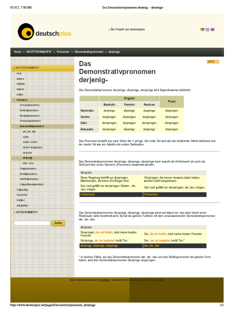 Das Demonstrativpronomen Derjenig - Derjenige | PDF