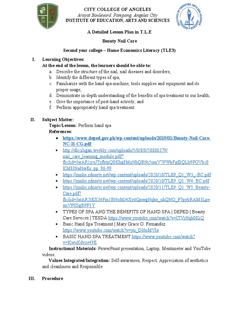 Detailed Lesson Plan in Perform Foot and Hand Spa | PDF | Nail (Anatomy)