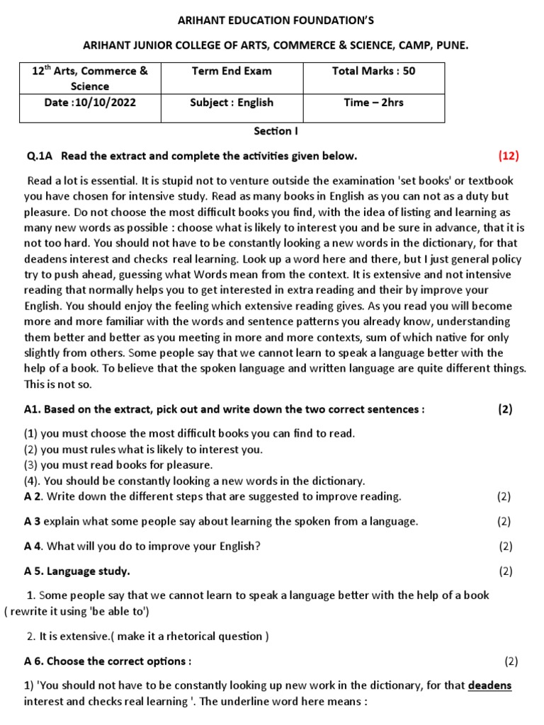 Term End Exam 12th English Oct 2022 | PDF