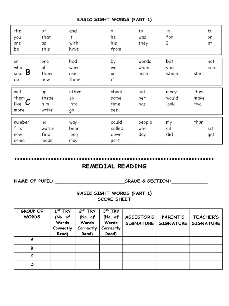 Basic Sight Words Individual Card | PDF