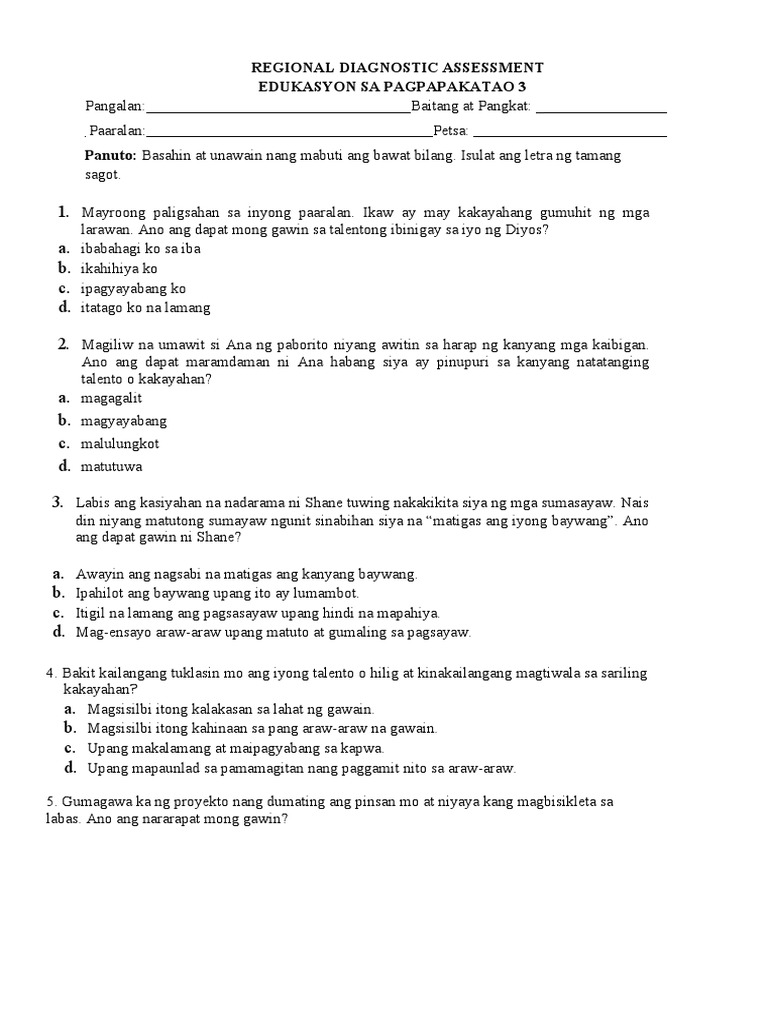 Diagnostic Assessment EsP Grade 3 | PDF