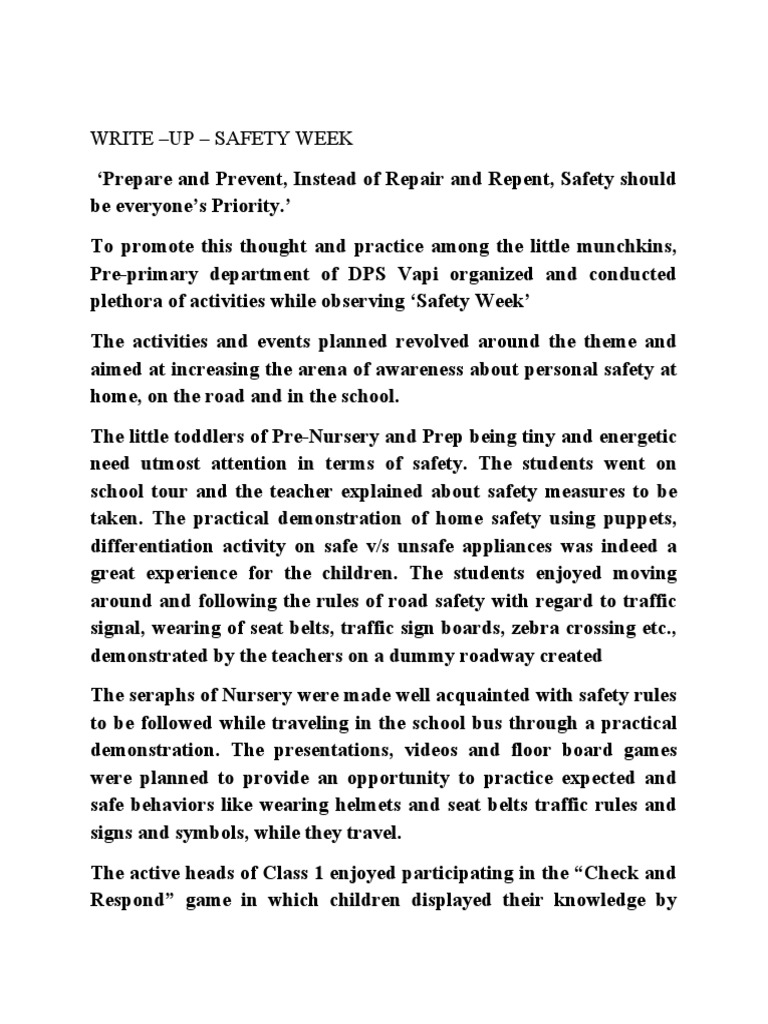 DPS Vapi Promotes Safety Week for Students | PDF | Teachers | Learning