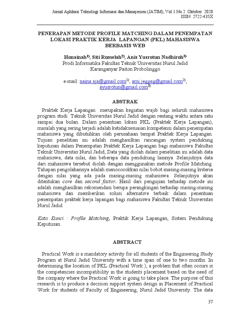 Penerapan Metode Profile Matching Dalam Penempatan Lokasi Praktik Kerja Lapangan Mahasiswa ...