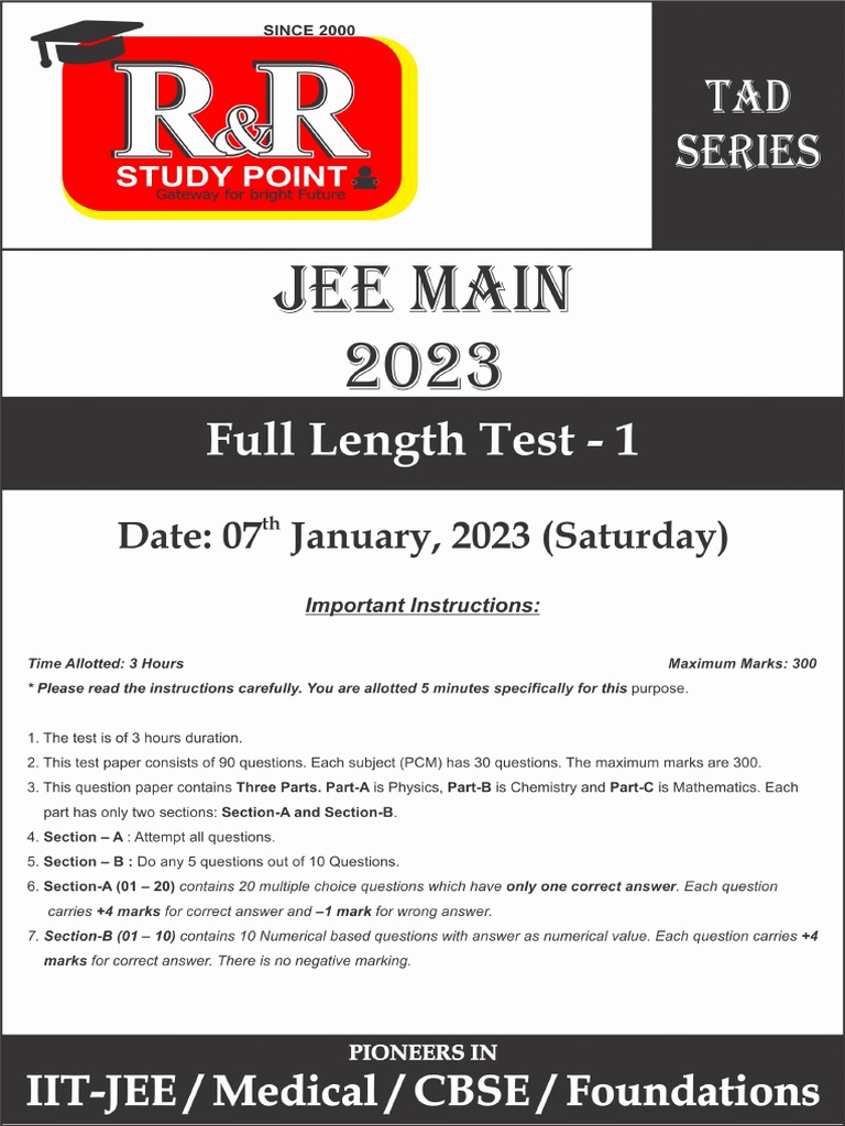 JEE Main Full Length Test-1-Question Paper | PDF | Fructose | Equations