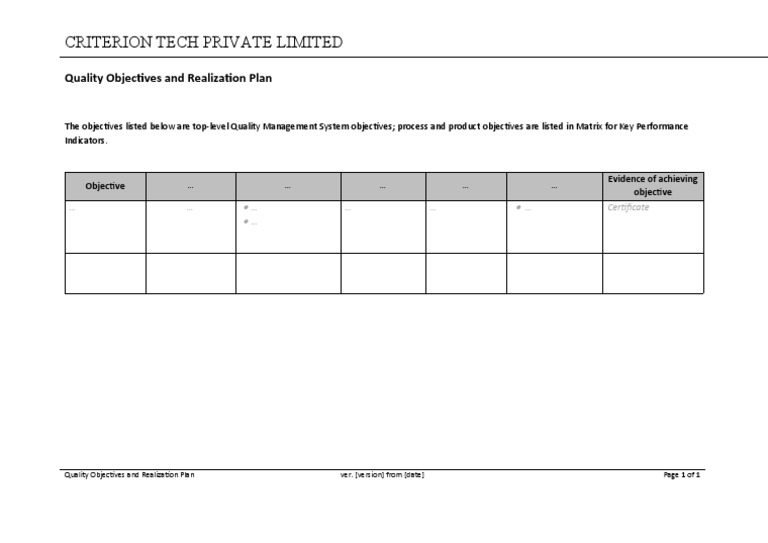 Quality Objectives Plan for Criterion Tech | PDF