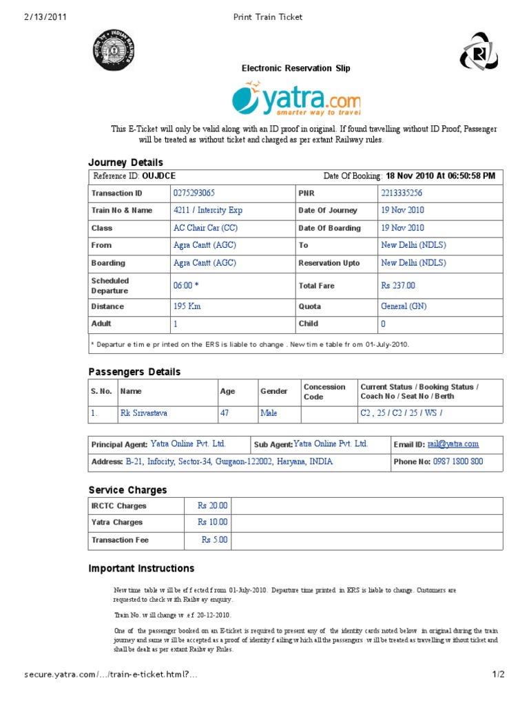 Print Train Ticket | Download Free PDF | Identity Document | Service ...