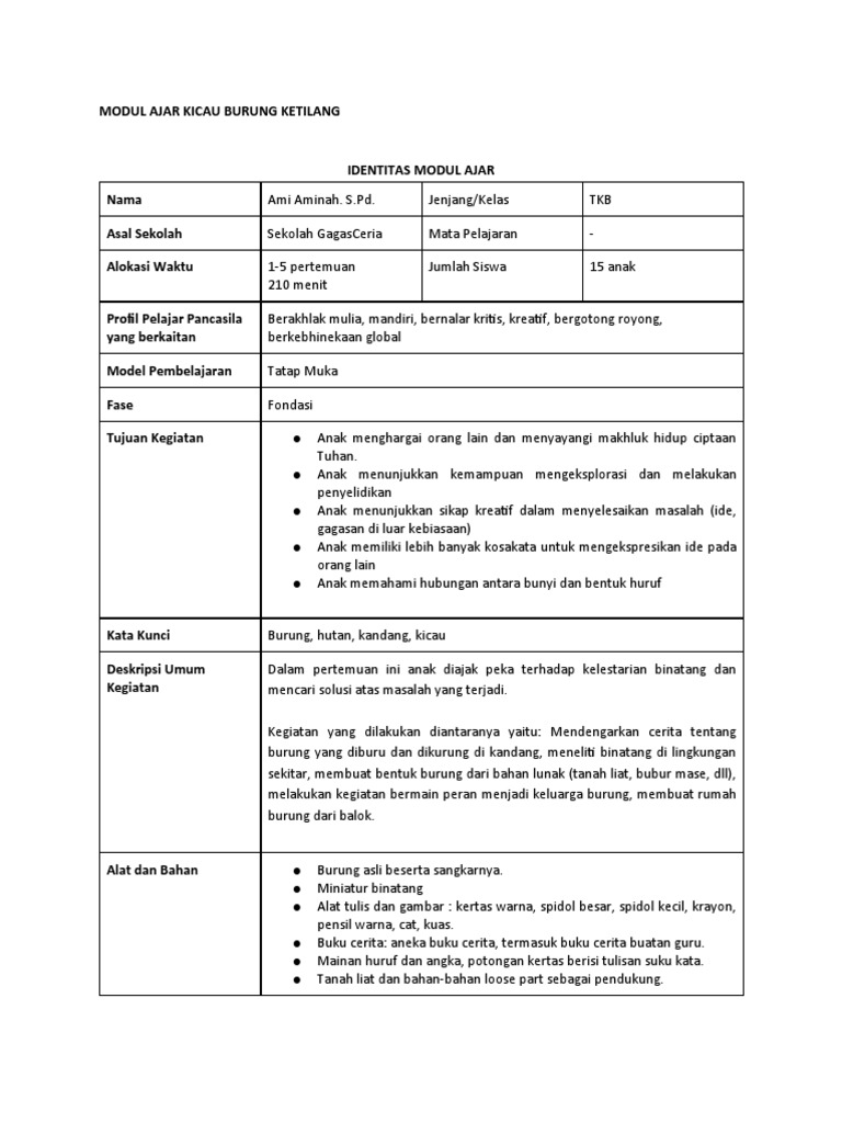 Modul Ajar Burung Ketilang | PDF