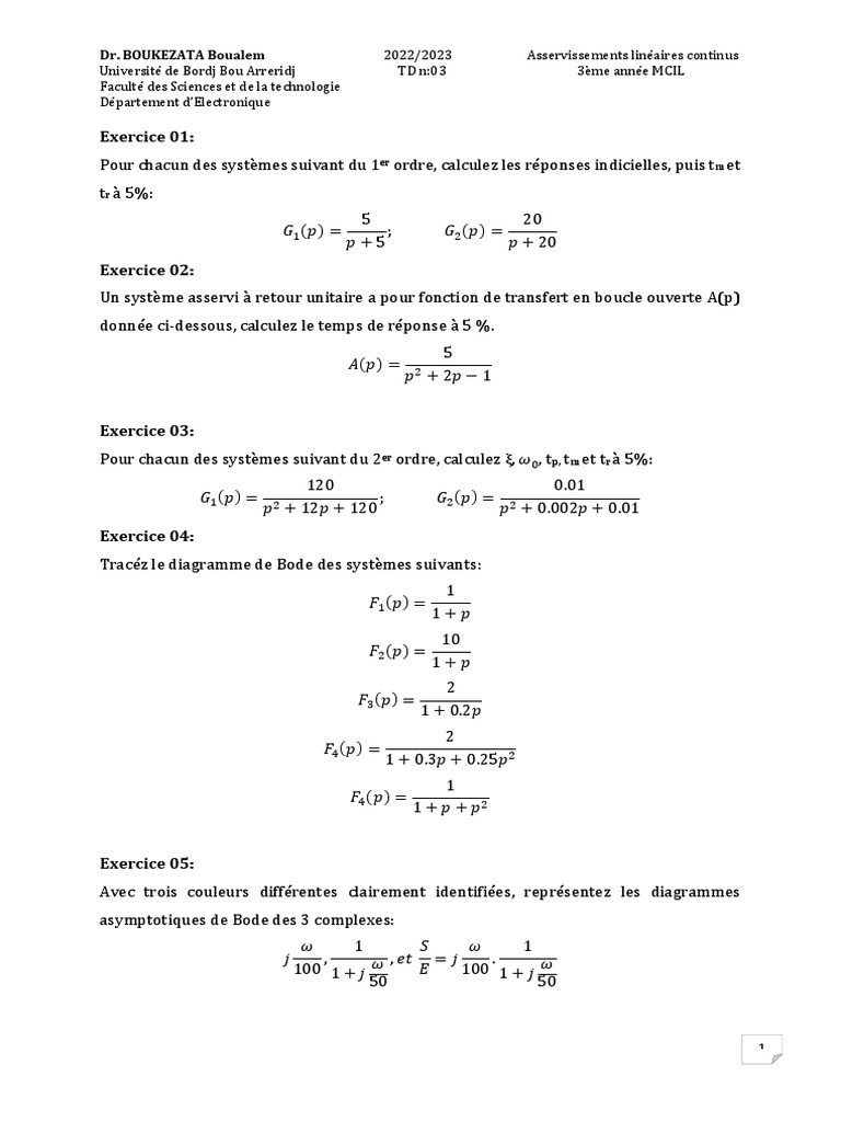 Asservissements Linéaires Continus TD 3 | PDF | Fréquence | Cybernétique