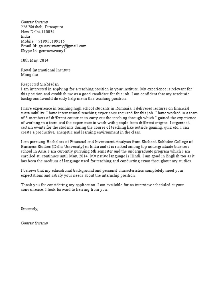 Mongolia Cover Letter | PDF