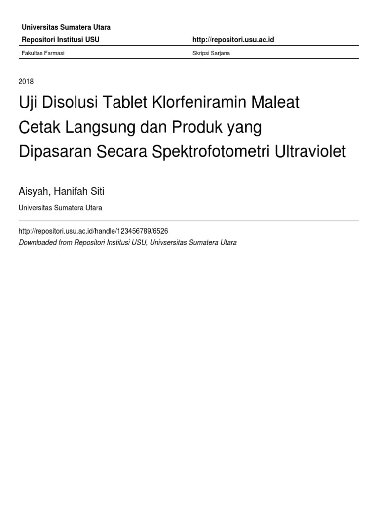 Uji Disolusi Tablet Klorfeniramin Maleat Cetak Langsung Dan Produk Yang ...