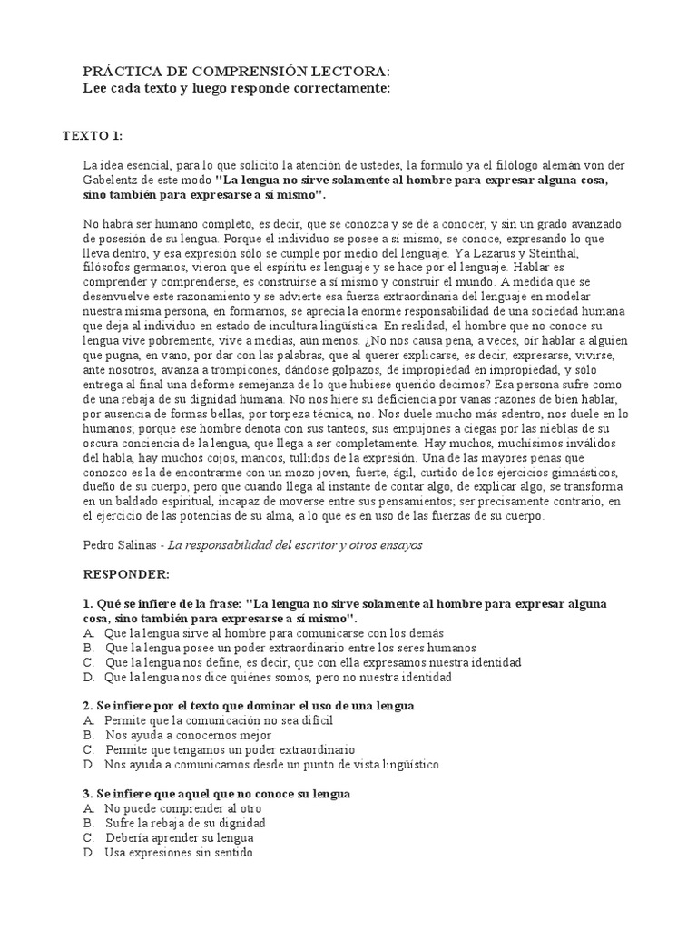 Práctica de Comprensión Lectora | PDF